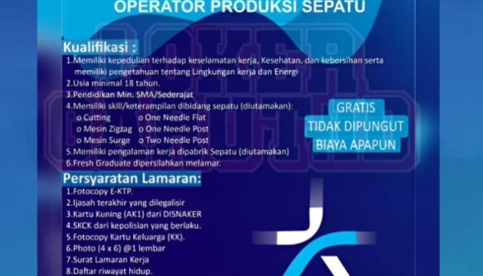 Lowongan kerja Industri Manufaktur Lowongan Operator Produksi Sepatu di ...