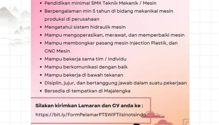 Loker SPV Mekanikal di PT SWIFT Indotsindo Majalengka – LOKER TASIKMALAYA