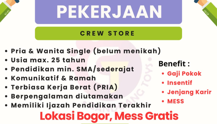 Lowongan Kerja Crew Store Gandoang Toys Bogor Terbaru 2026 – LOKER ...